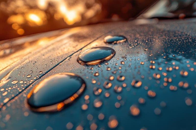 Close-up of Water Droplets on a Car Surface Reflecting Sunset Colors ...
