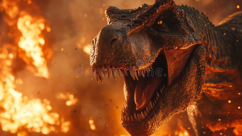 Close-Up of a Roaring T-Rex with Fiery Background Stock Image - Image ...