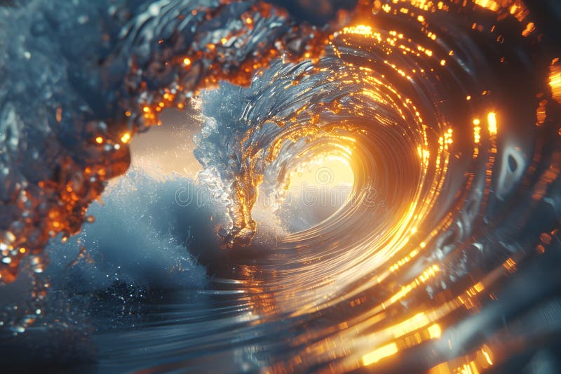 Spectacular View Inside a Sunlit Ocean Wave with Glowing Splashes and ...