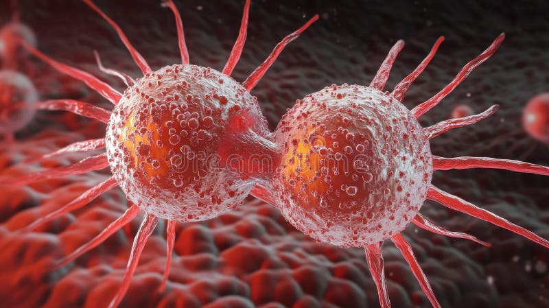Closeup View of Cancer Cells Dividing Under Microscope in Red ...