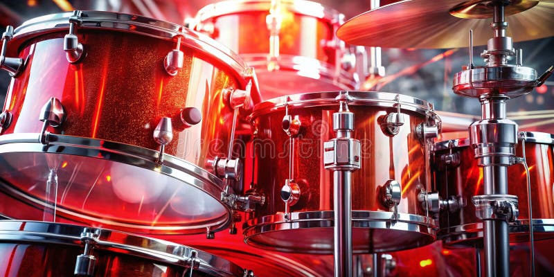 Stunning Closeup of a Red Drum Kit with Chrome Hardware Double Exposure ...