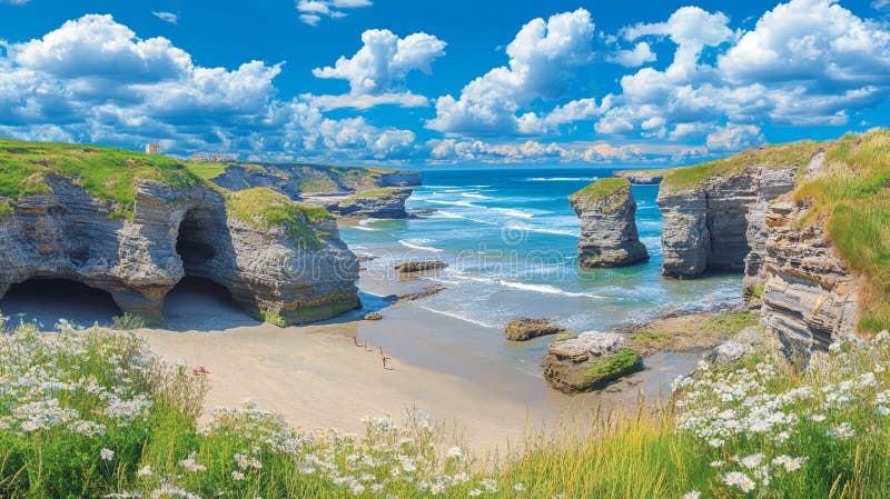 Stunning Coastal Cliffs and Sandy Beach Scene with Ocean Waves Under a ...