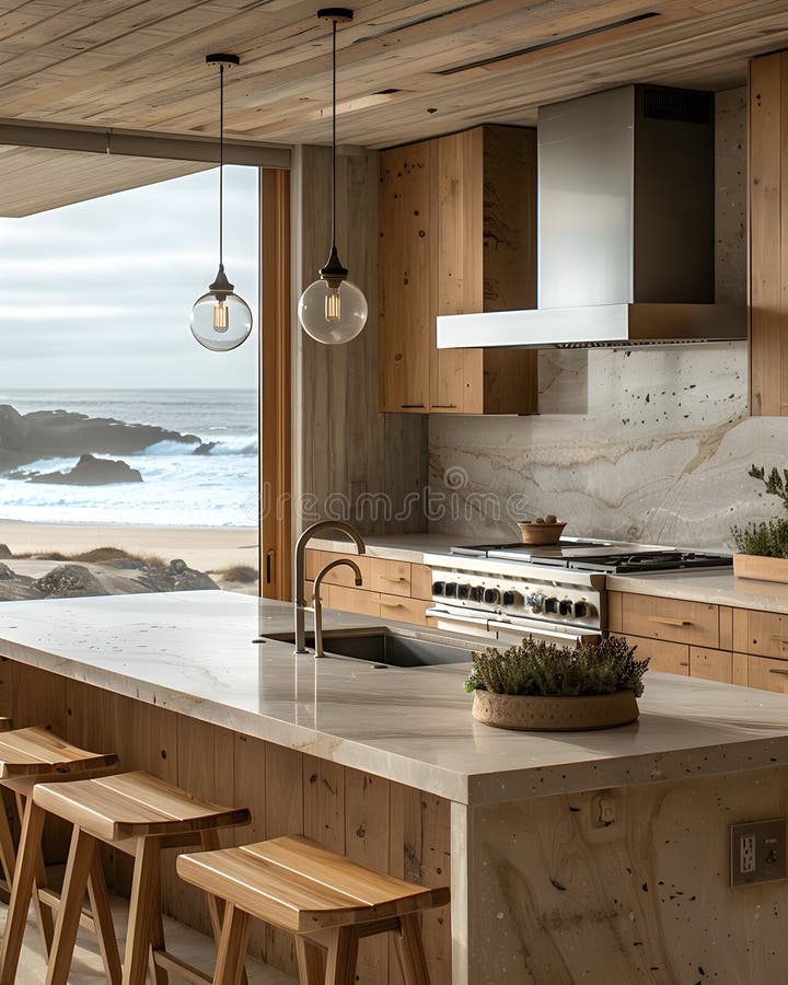 Coastal Kitchen with Architectural Design and Scenic View Stock ...