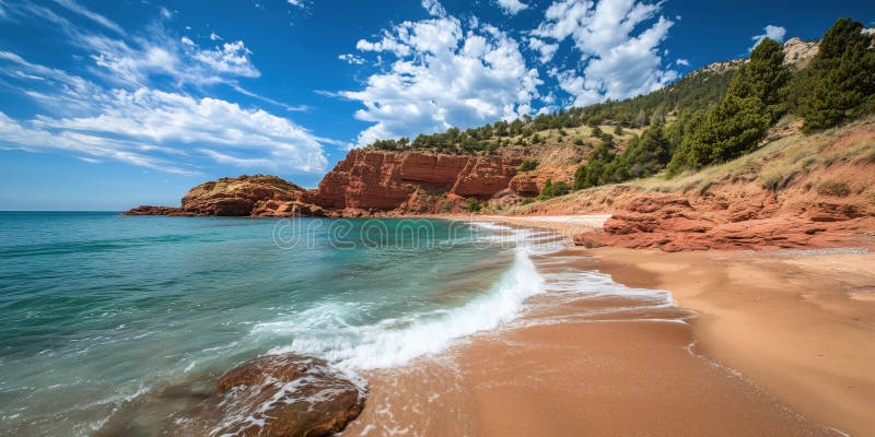 Serene Coastal Landscape Sandy Beach Red Cliffs Ocean Waves Stock ...