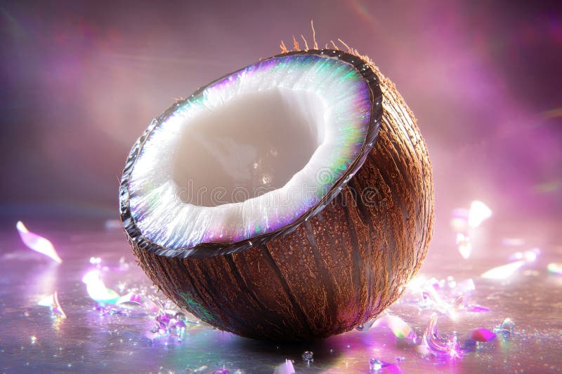 Stunning Coconut Half with Shimmering Effects and Colorful Lights in a ...