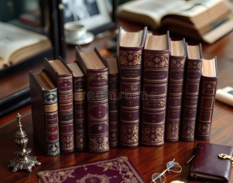A Stunning Collection of Antique Purple-bound Books Arranged in a ...