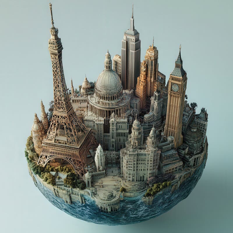 Famous Monuments Converging on a Miniature Planet Earth Celebrating ...