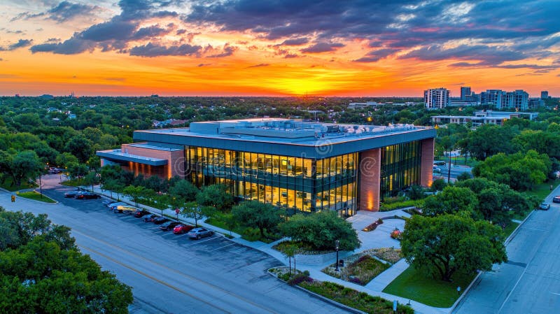 Stunning Commercial Building Illuminated by Vibrant Sunset, Surrounded ...