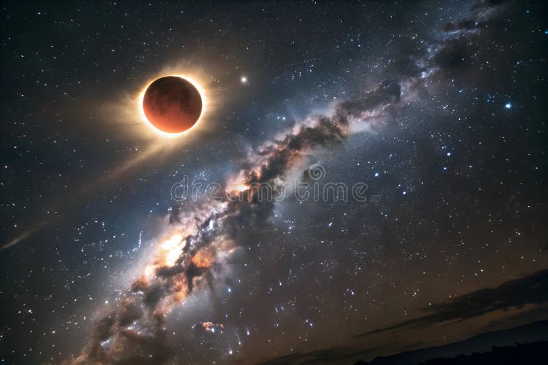 Total Lunar Eclipse Over Milky Way Galaxy Stock Illustration ...