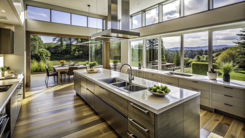 A Stunning Contemporary Kitchen Design: Panoramic Views, Elegant Finishes, and a Bright ...