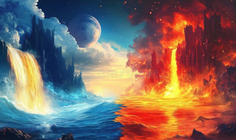 Stunning Contrast of Water and Fire Landscapes with Celestial Elements ...