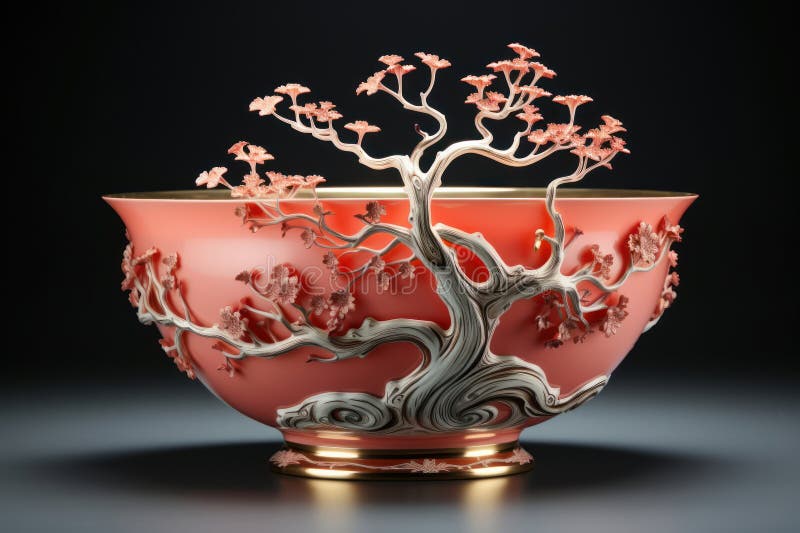 Artistic Coral Bowl with Intricate Tree and Blossom Relief Stock Image ...