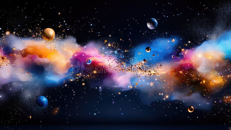 Vibrant Cosmic Explosion with Glowing Nebula and Floating Planets Stock ...
