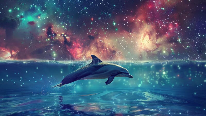 Adorable Dolphins Swimming in a Stunning Dreamy Cosmic Scenario Stock ...
