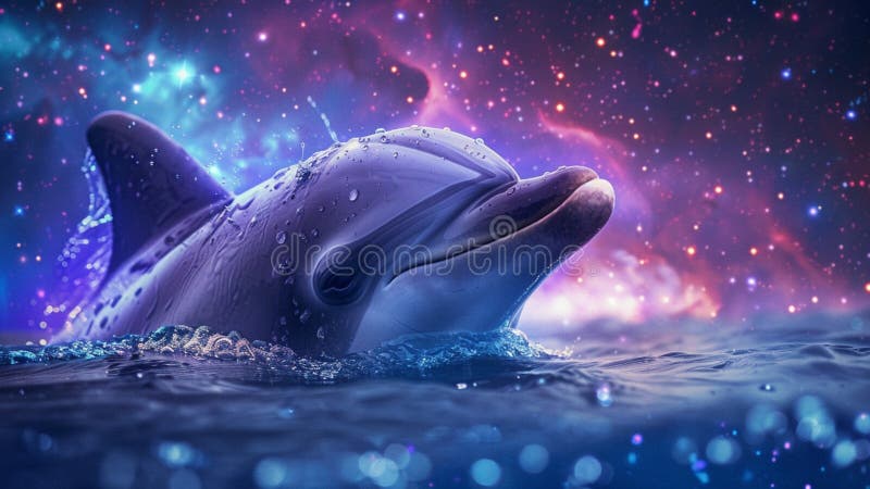Adorable Dolphins Swimming in a Stunning Dreamy Cosmic Scenario Stock ...