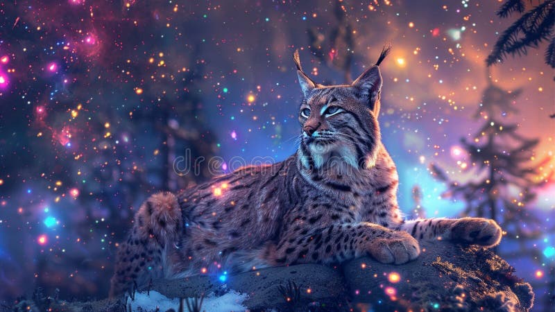 Beautiful Majestic Lynx in a Dreamy Forest in a Cosmic Background Stock ...