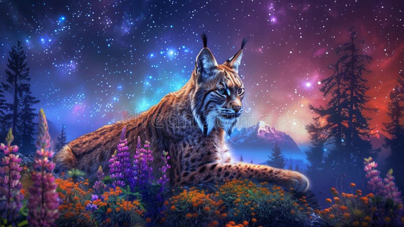 Beautiful Majestic Lynx in a Dreamy Forest in a Cosmic Background Stock ...