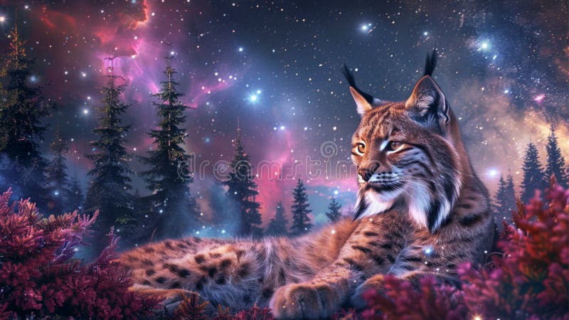 Beautiful Majestic Lynx in a Dreamy Forest in a Cosmic Background Stock ...
