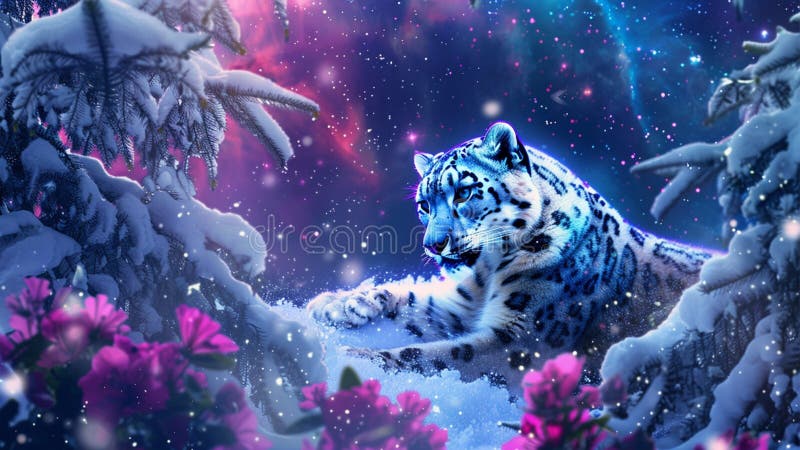 Beautiful Majestic Snow Leopard in a Dreamy Snowy Forest in a Cosmic ...