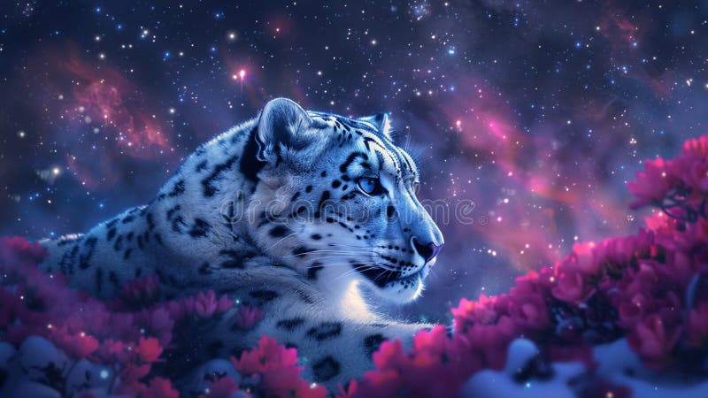Beautiful Majestic Snow Leopard in a Dreamy Snowy Forest in a Cosmic ...