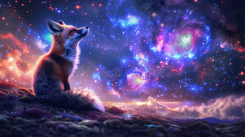 Beautiful Cosmic Fox in a Starry Nebula Background Stock Illustration ...