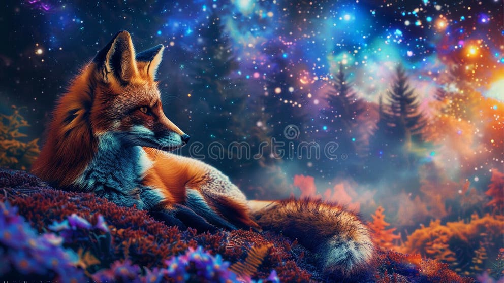 Beautiful Cosmic Fox in a Fantasy Forest in a Starry Nebula Background ...