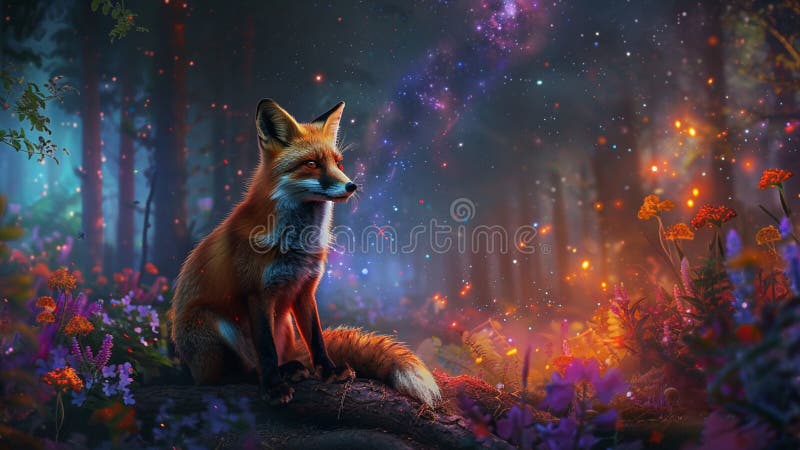 Beautiful Cosmic Fox in a Fantasy Forest in a Starry Nebula Background ...
