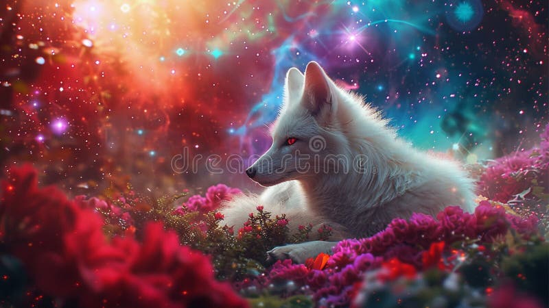 Beautiful Cosmic Fox in a Fantasy Forest in a Starry Nebula Background ...