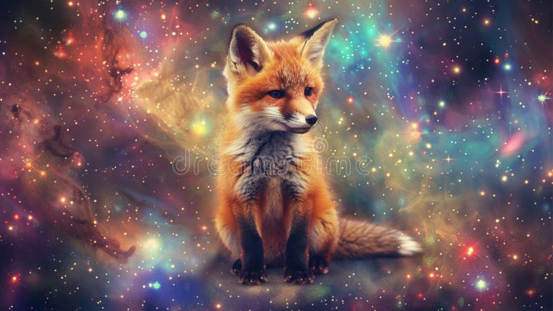 Beautiful Cosmic Fox in a Fantasy Forest in a Starry Nebula Background ...