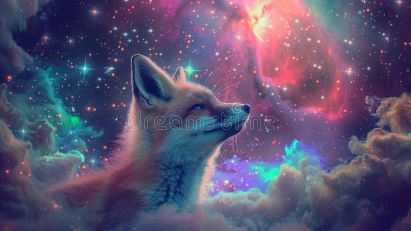 Beautiful Cosmic Fox in a Fantasy Forest in a Starry Nebula Background ...