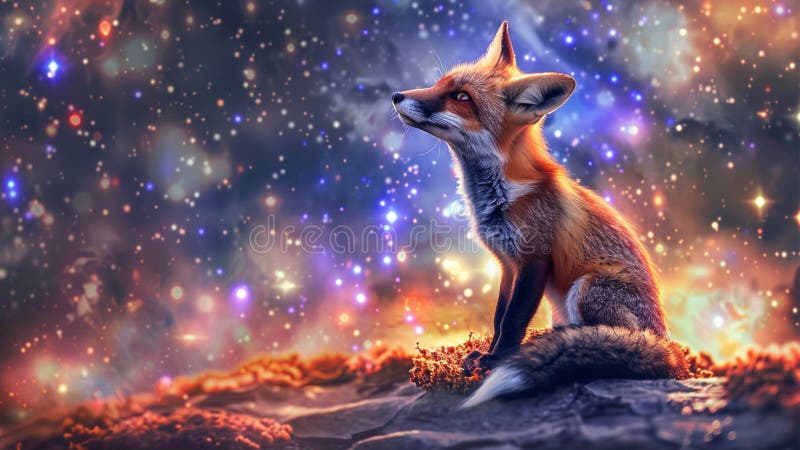 Beautiful Cosmic Fox in a Fantasy Forest in a Starry Nebula Background ...