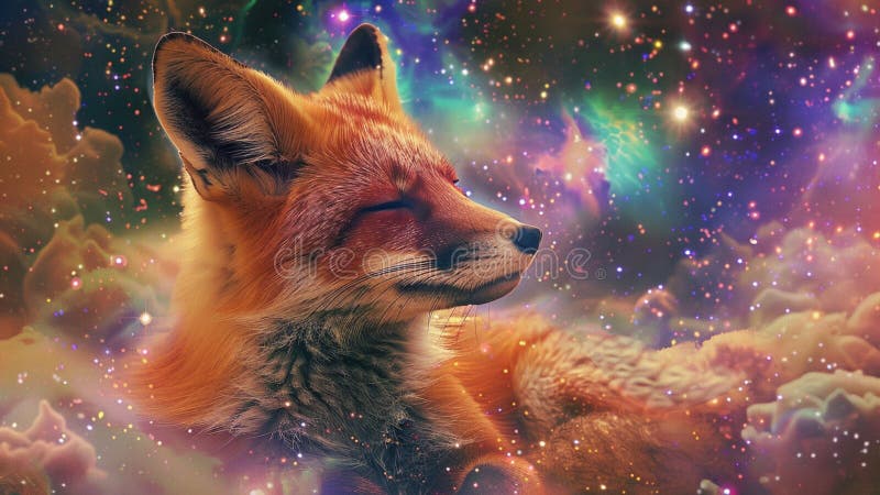 Beautiful Cosmic Fox in a Fantasy Forest in a Starry Nebula Background ...