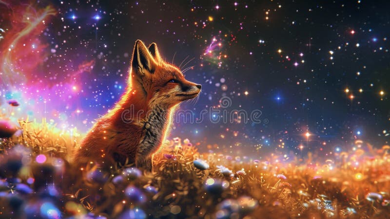 Beautiful Cosmic Fox in a Fantasy Forest and Garden in a Starry Nebula ...