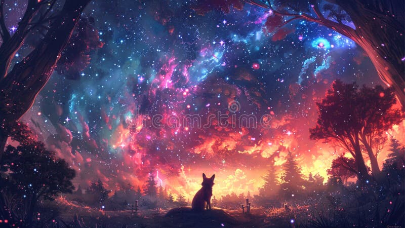 Beautiful Cosmic Fox in a Fantasy Forest in a Starry Nebula Background ...