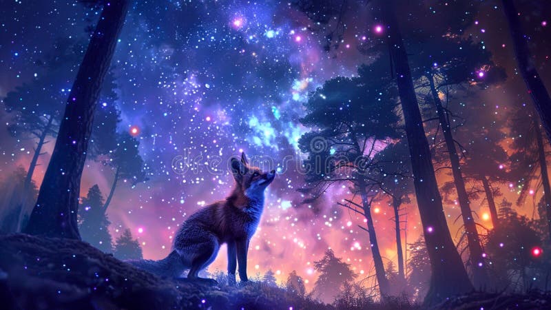 Beautiful Cosmic Fox in a Fantasy Forest in a Starry Nebula Background ...