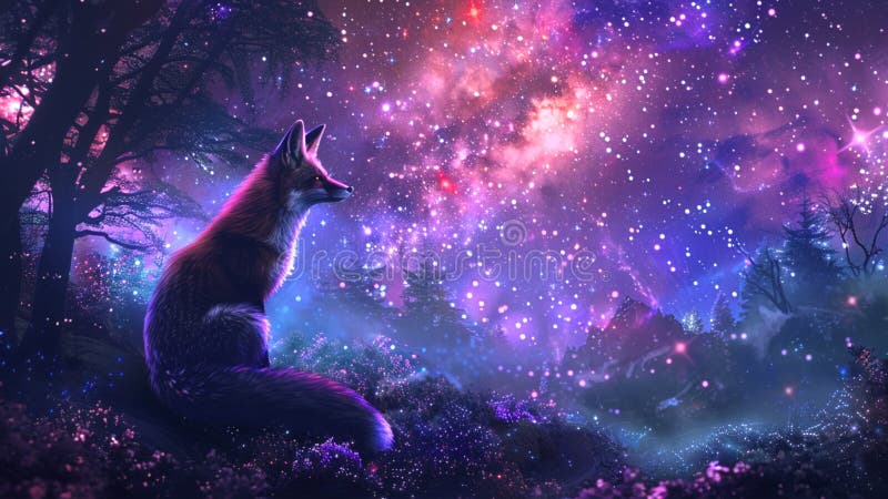 Beautiful Cosmic Fox in a Fantasy Forest in a Starry Nebula Background ...