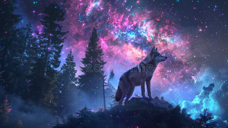 Cosmic Lonely Wolf in a Beautiful Forest in a Starry Nebula Background ...