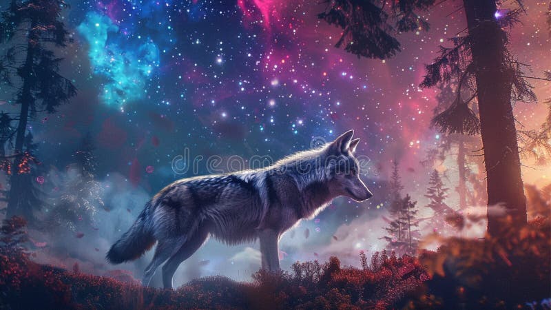 Cosmic Lonely Wolf in a Beautiful Forest in a Starry Nebula Background ...