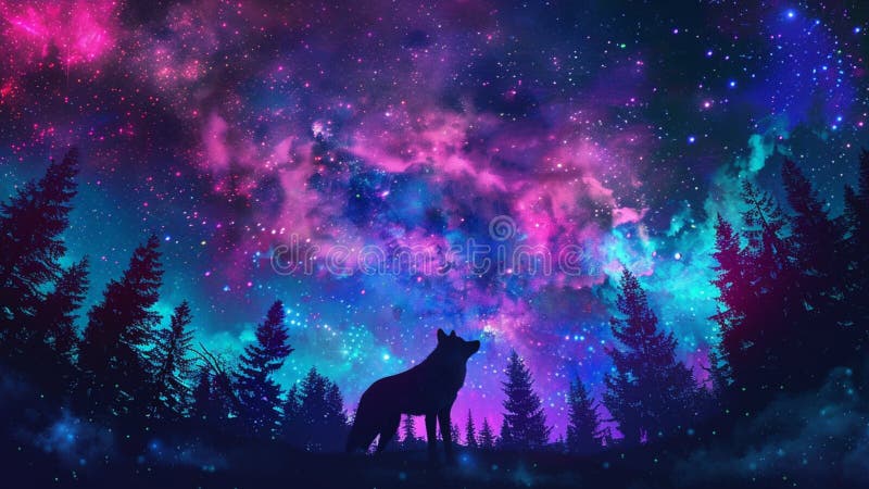 Cosmic Lonely Wolf in a Beautiful Forest in a Starry Nebula Background ...