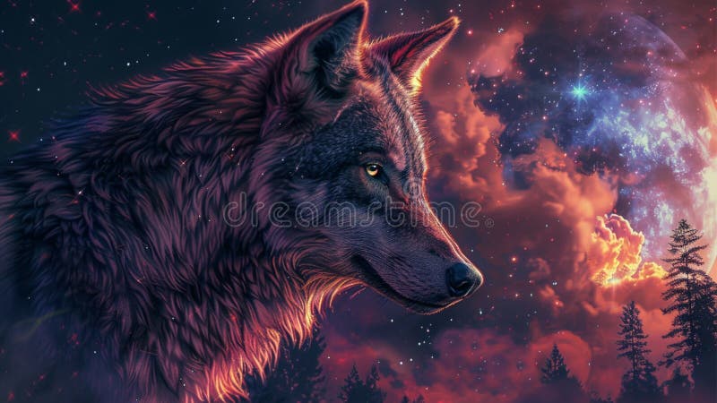 Cosmic Lonely Wolf in a Beautiful Forest in a Starry Nebula Background ...