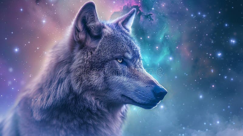 Cosmic Lonely Wolf in a Beautiful Forest in a Starry Nebula Background ...