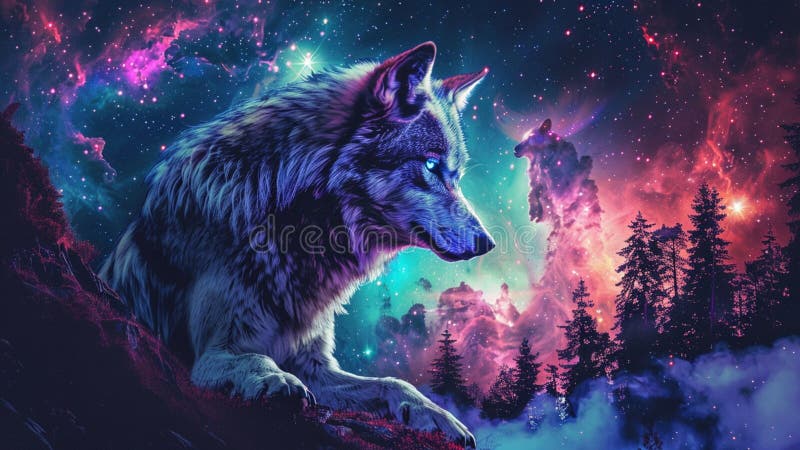 Cosmic Lonely Wolf in a Beautiful Forest in a Starry Nebula Background ...