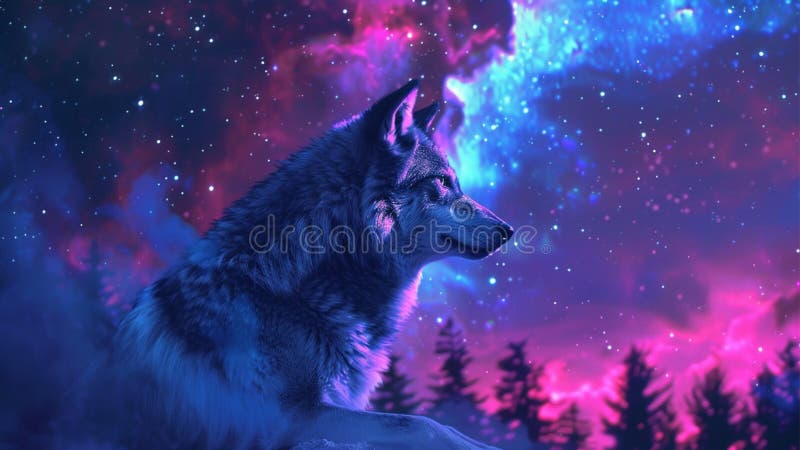 Cosmic Lonely Wolf in a Beautiful Forest in a Starry Nebula Background ...