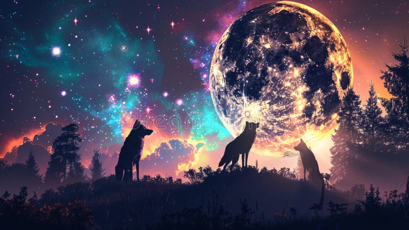 Cosmic Pack of Wolves in a Beautiful Forest in a Starry Nebula ...