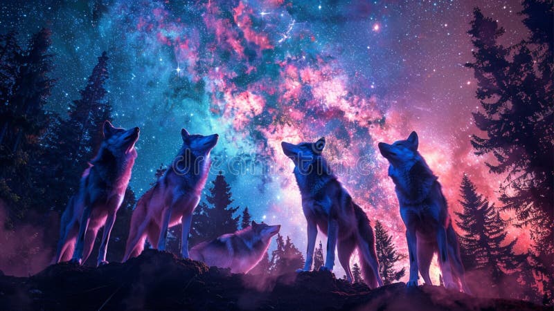 Cosmic Pack of Wolves in a Beautiful Forest in a Starry Nebula ...