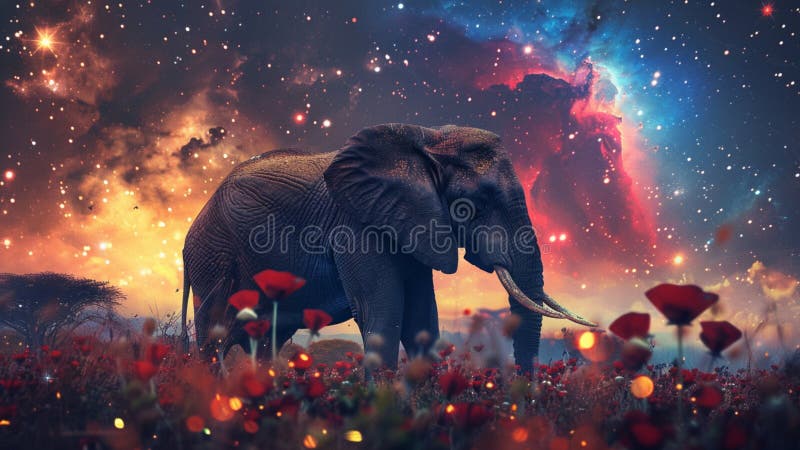 Cosmic Elephant in a Beautiful African Jungle in a Dreamy Starry Nebula ...