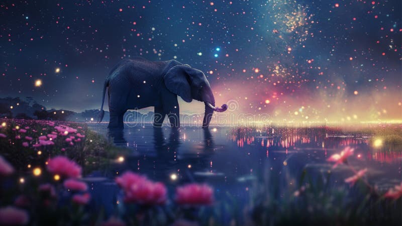 Cosmic Elephant in a Beautiful African Jungle in a Dreamy Starry Nebula ...
