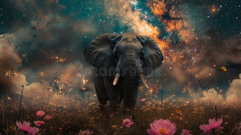 Cosmic Elephant in a Beautiful African Jungle in a Dreamy Starry Nebula ...