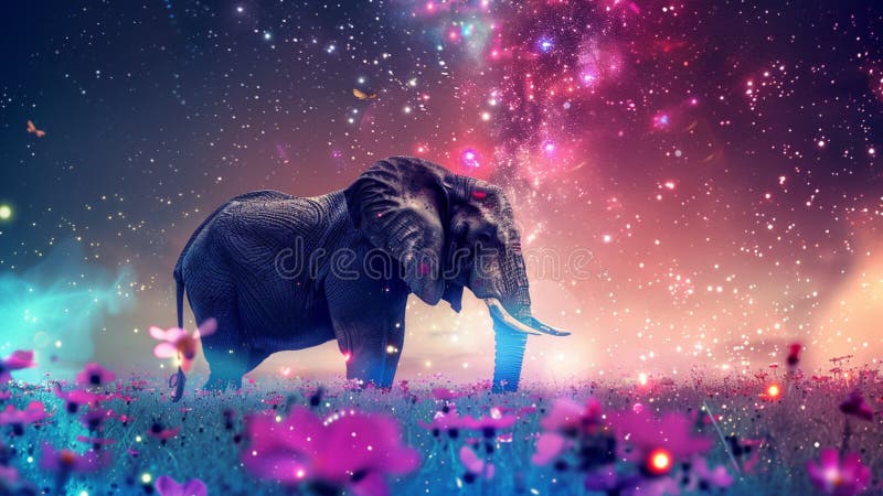 Cosmic Elephant in a Beautiful African Jungle in a Dreamy Starry Nebula ...