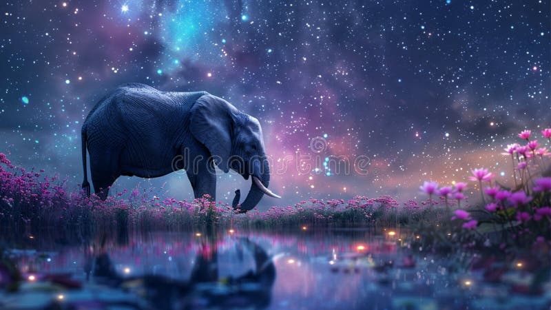 Cosmic Elephant in a Beautiful African Jungle in a Dreamy Starry Nebula ...